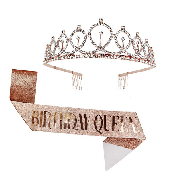 1 Set Happy Birthday Crown Rose Gold Satin Sash Crown Birthday Party ...