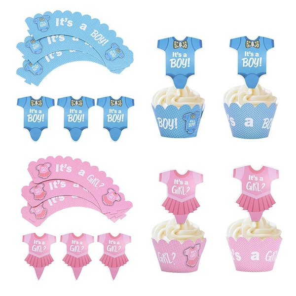 24pcs It's A Boy Or Girl Cake Topper Set Cupcake Wrapper Birthday Party ...