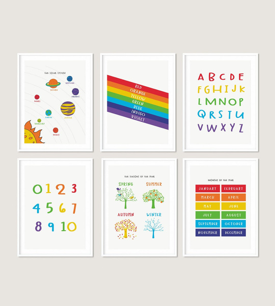 6 Panels Set Modern Design Nursery Wall Posters Seasons Months Alphabet ...