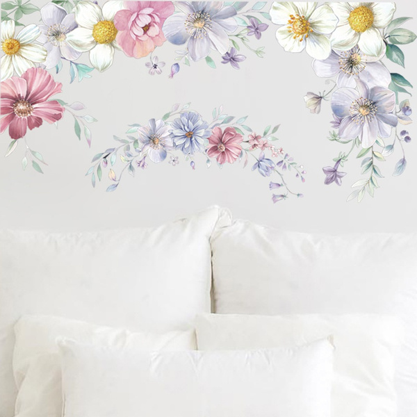 Watercolor Flowers Self-adhesive PVC Wall Stickers for Living Room TV ...