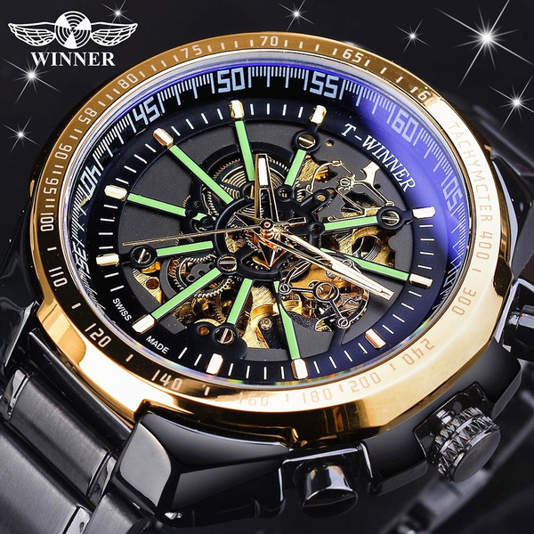 Winner Blue Light Glass New Fashion Mens Watches Black Golden Stainless ...