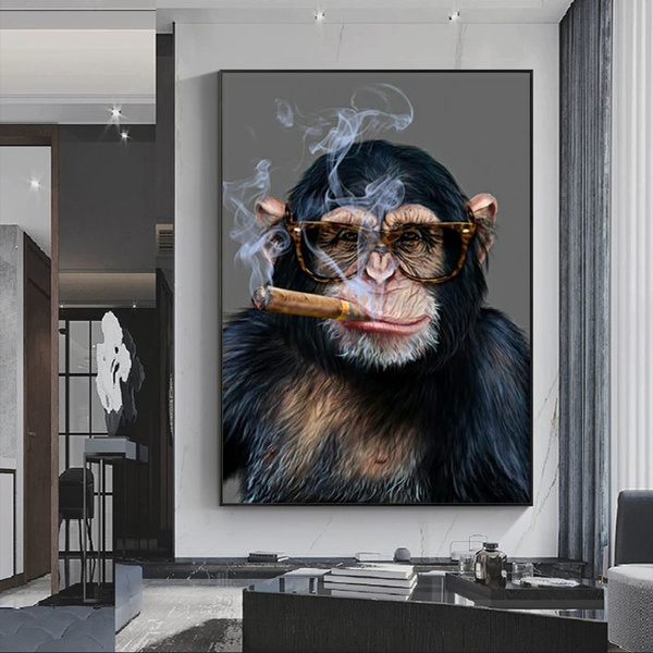 Chimp Smoking Cigar Art Canvas Painting Monkey Animal Wall Art Picture ...