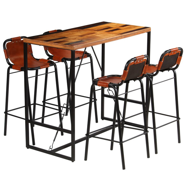 Bar Set 5 Pieces Solid Reclaimed Wood and Genuine Goat Leather Bar ...