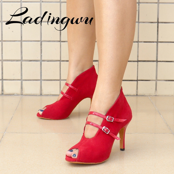 Ladingwu Latin Dance Shoes Salsa Laties Dance Short Boots Red Suede