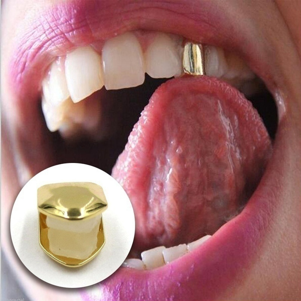 Custom Fit Gold Plated Hip Hop Single Tooth Grillz Cap Top & Bottom ...
