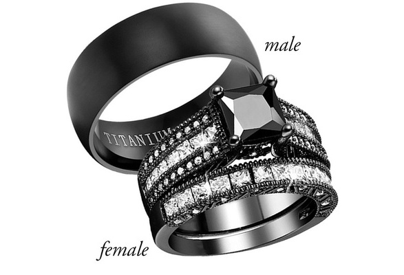 Black Couple Rings Men s Titanium Steel Ring and Women s 14kt Black Gold Filled Black Diamond Bridal Wedding Ring Set Wish