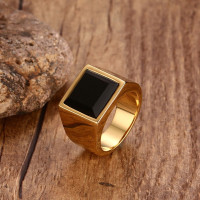 Men Square Black Stone Signet Rings Gold Tone Stainless Steel Business ...