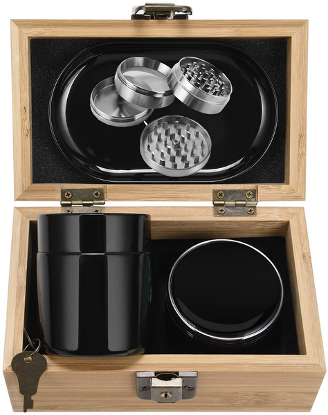 Stash Box Combo, Locking Wooden Box with Titanium 4 Part Herb Grinder ...