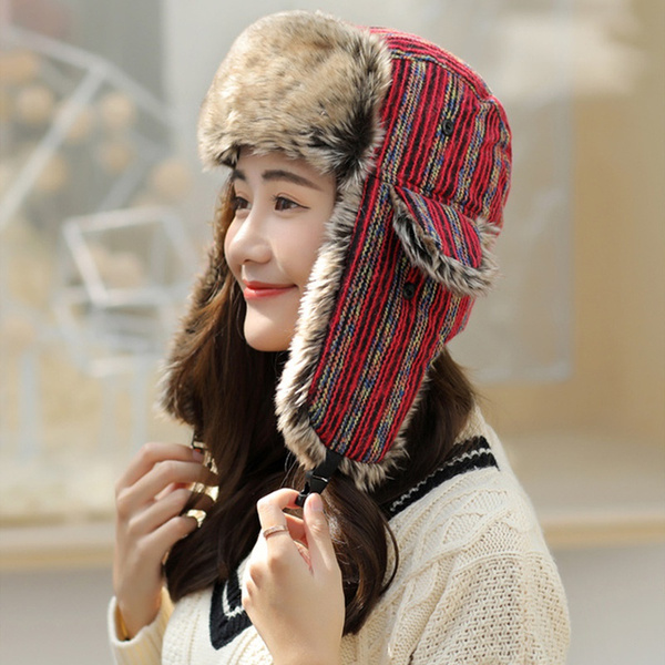 Unisex Gypsy Striped Trapper Thermal Hats Russian Cossack Winter Warm ...