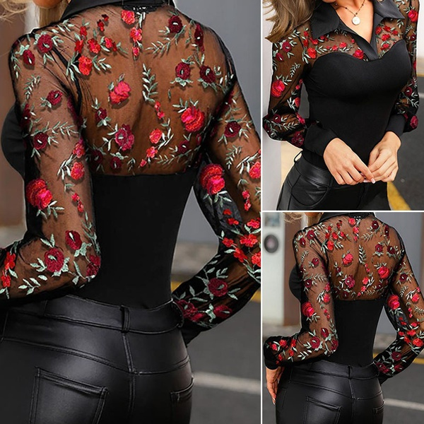 Sexy Fashion Women Mesh Sheer Lace Crochet Tops Embroidery Slim See ... Sexy Fashion Women Mesh Sheer Lace Crochet Tops Embroidery Slim See ...