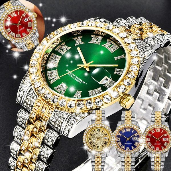 Luxury Gold Full Diamond Watch Men Quartz Rhinestone Hip Hop Bling Ice ...
