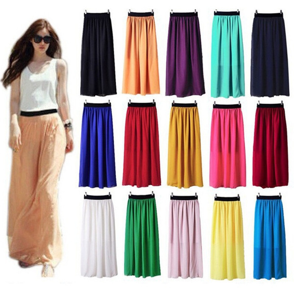 Summer Fashion Women Double Layer Candy Chiffon Pleated Long Maxi ...