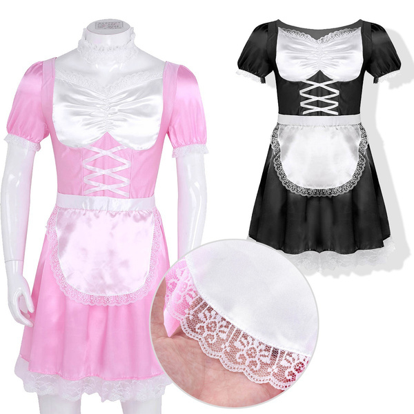 Mens Shiny Satin Sissy French Maid Uniform Fancy Dress Costume