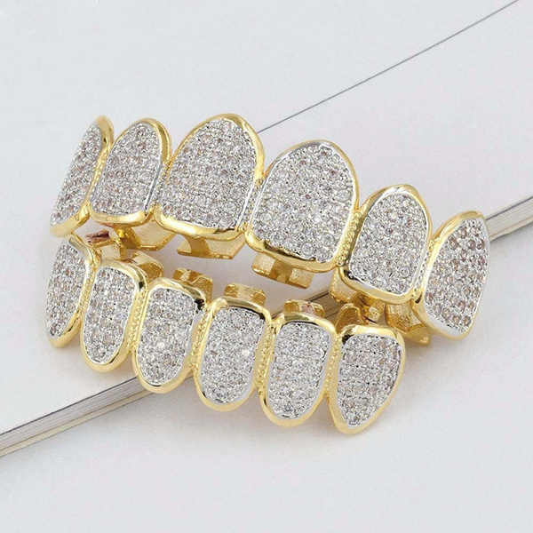 1 Pc or 1 Set Hip Hop Teeth Grills Gold Silver Color Micro Pave Cubic ...