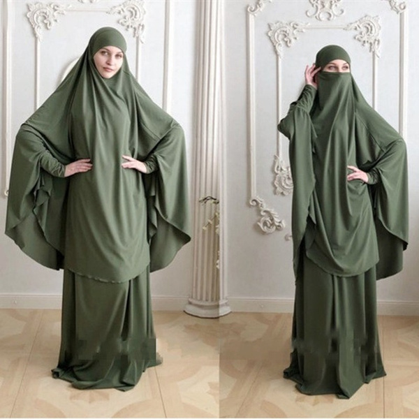 Muslim Hijab Abaya 2 Pieces Dress Islamic Prayer Jilbab Modest Full ...