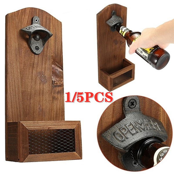 1/5 piece bottle opener wall mounted retro wooden beer bottle opener ...