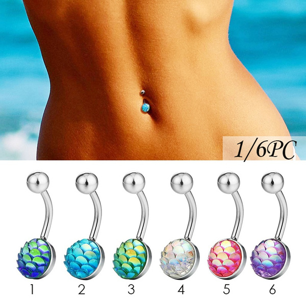 1/6 Pieces Mermaid Scales Round Belly Button Rings 316L Surgical Steel 14G Navel Ring Stud Navel ...