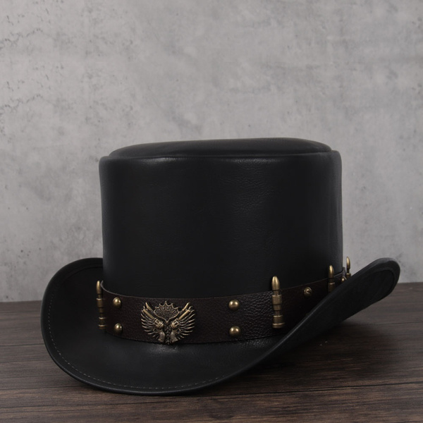 3 Size Women Men Leather Top Hat Punk Flat Fedora Hat Magic Steampunk ...