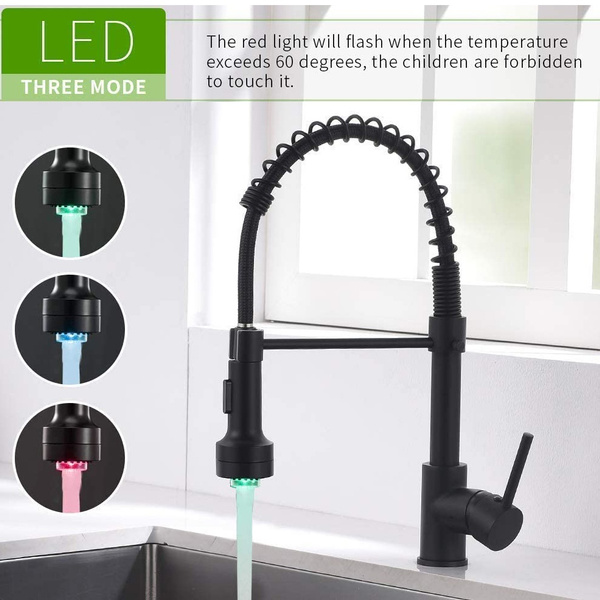 LED Brushed Nickel /Black Kitchen Faucet with Sprayer,Single Handle ...