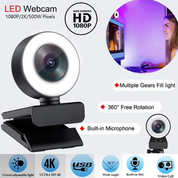 Streaming 1080P/2K HD Webcam Built in Adjustable Ring Light and Mic ...