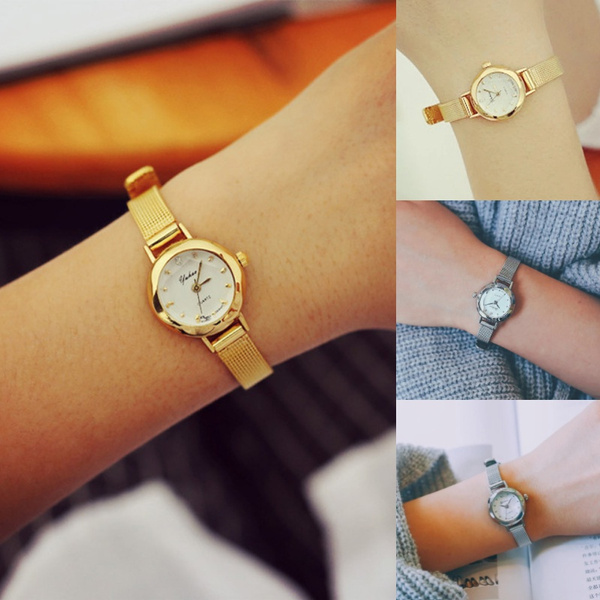 Gold Quartz Watch for Women Small Dial Mesh Belt Wristwatch Fashion ...