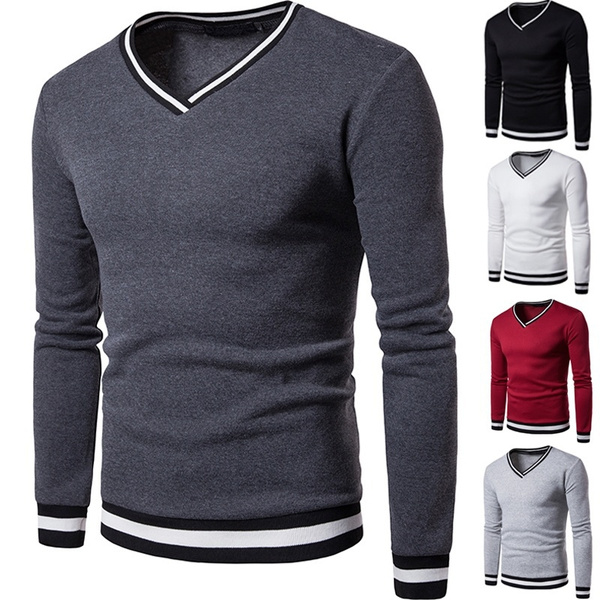 Men's Spring Sweaters Fashion V-Neck Tops Casual Long-Sleeved Sweater ...