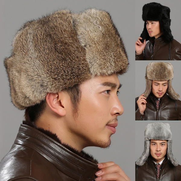 Mens Rabbit Fur Russian Cossack Hat Trapper Hats Ushanka Aviator Ski ...