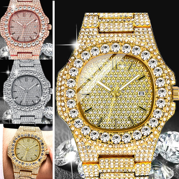 Luxury 18k Gold Watch Full Big Diamond Watch Business Quartz Watch Hip ...
