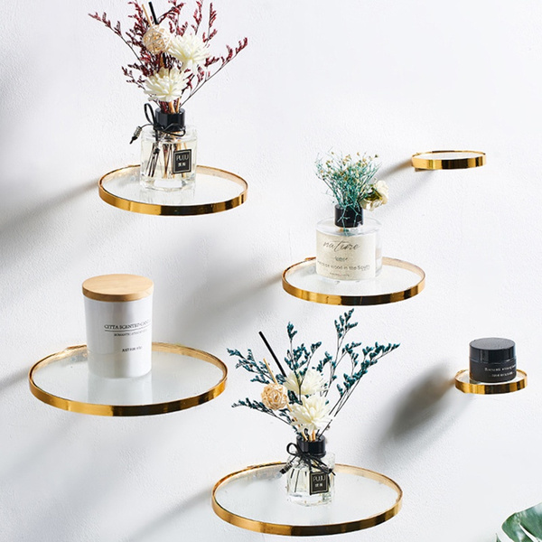 Wall Mounted Rack Golden Metal Ring Glass Wall Shelf Plant Flower ...