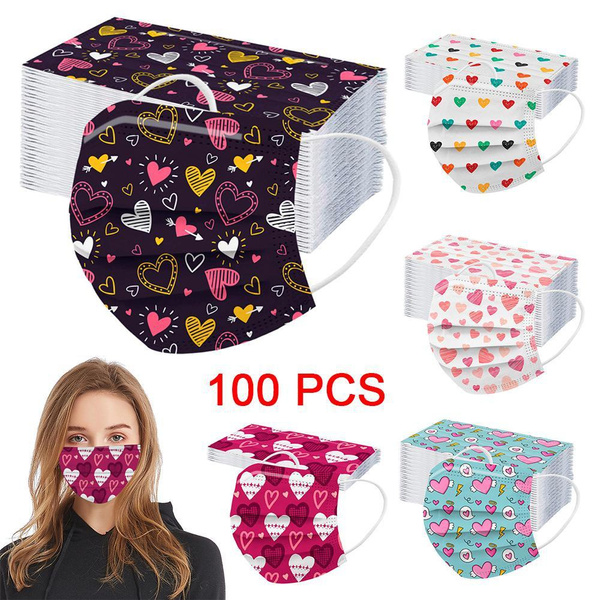 100/50/10Pcs Love Printed Mask Cotton Protective Face Mask Disposable ...