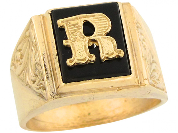 14k Real Gold 12x10mm Rectangle Onyx Letter R Fancy Mens Initial Ring ...