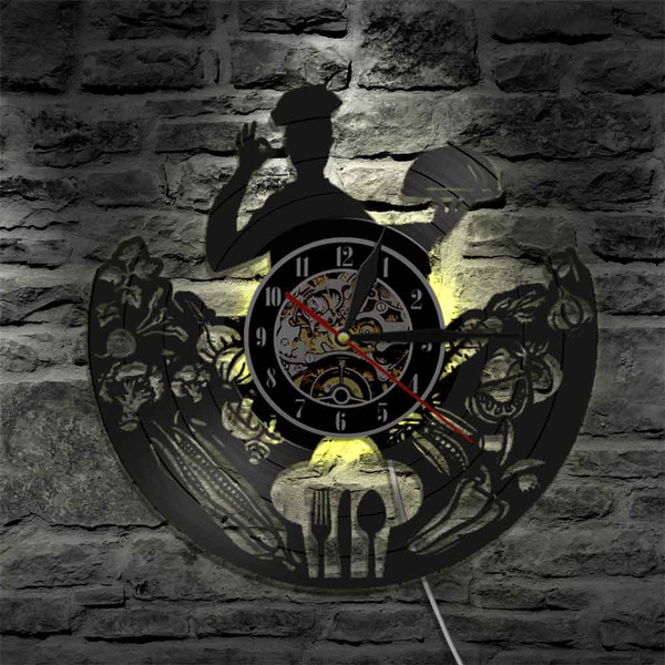 Chef Wall Clock Restaurant Business Logo Wall Decor Kitchen Utensils ...
