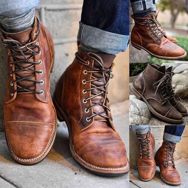 British Vintage Men High Cut Lace Up Martin Boots Mens Motorcycle