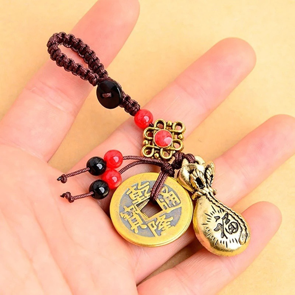 Vintage Brass Money Bag Keychain Pendant Handmade Rope Lucky Feng Shui ...