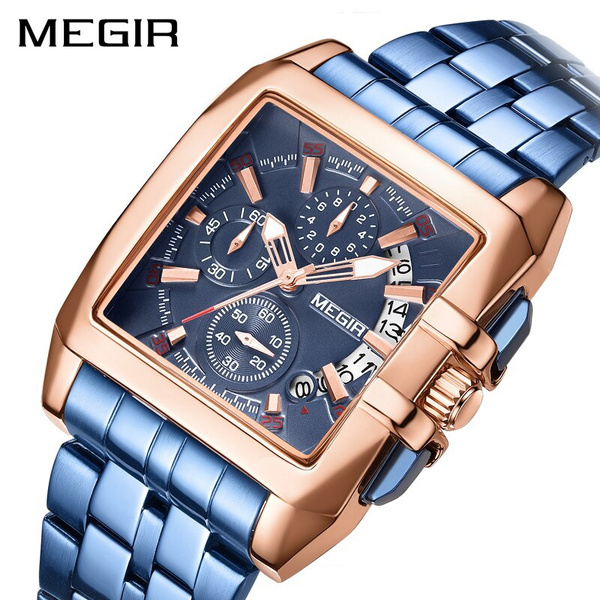 MEGIR Blue Stainless Steel Men Watch Rectangle Big Dial Business Quartz ...
