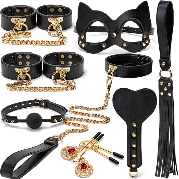 Bdsm Bed Bondage Kits Genuine Leather Restraint Set Handcuffs Collar