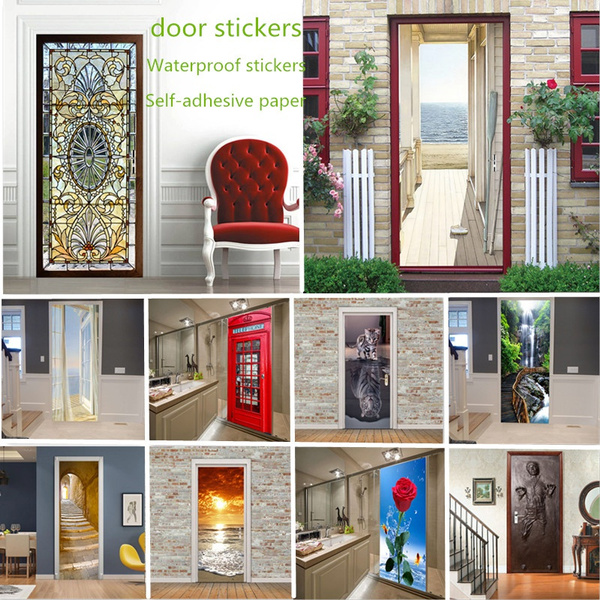 3D Retro Pattern Door Sticker Bedroom Adhesive Waterproof Mural Decal ...