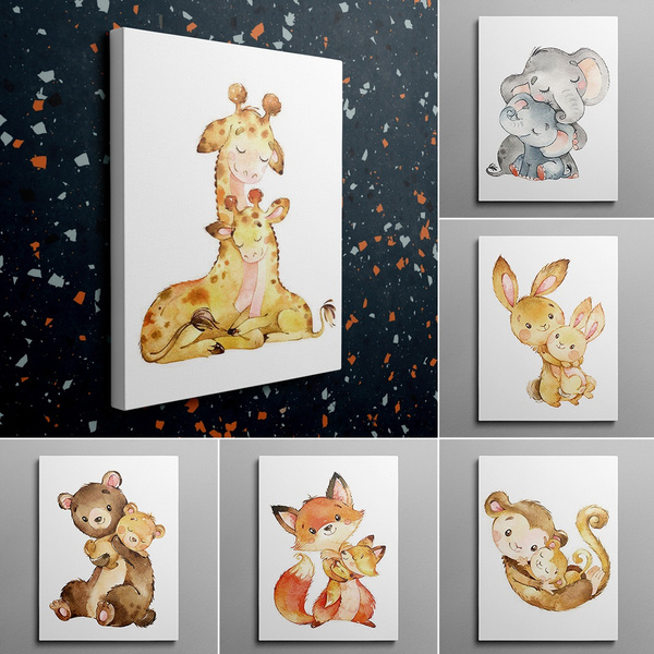 Modern 6 Panels Set Watercolor Animals Family Posters Love Wall ...
