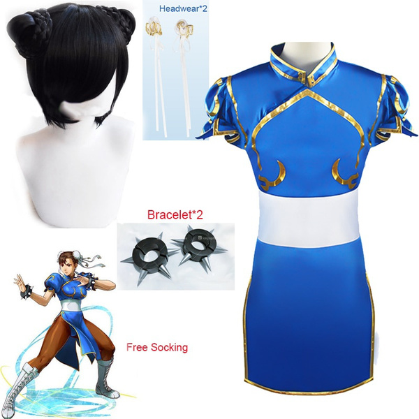 Game Street Fighter Chun-Li Cosplay Costume Chun Li Wig and Bracelet ...