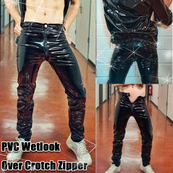 Fashion Black Men's Wetlook PVC Pants Over Crotch Zipper Liquid ...