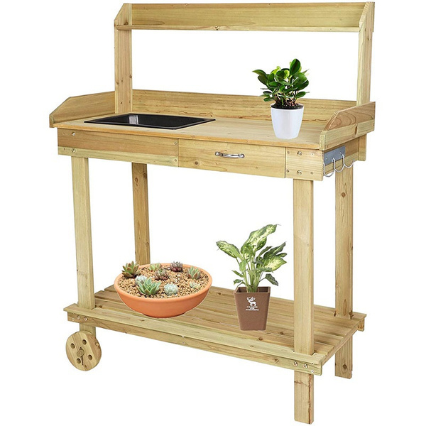 Wood Potting Bench Work Station Table with Tabletop Removable Sink ...