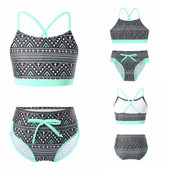 Blue Kids Swimsuits Adjustable Shoulder Strap Tops Geometric Patterns ...
