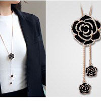 Black Rose Flower Long Necklace Sweater Chain Women Fashion Metal Chain ...