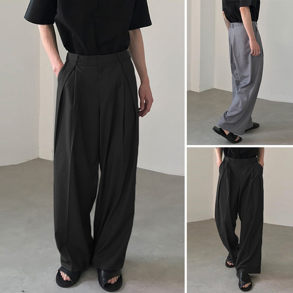 Korean Style Men Long Pant Slacks Wide Leg Solid Color Loose Zipper ...