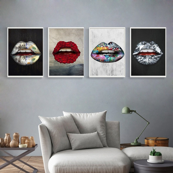 No Frame Creative Color Print Lips Canvas Painting Personality Flower ...