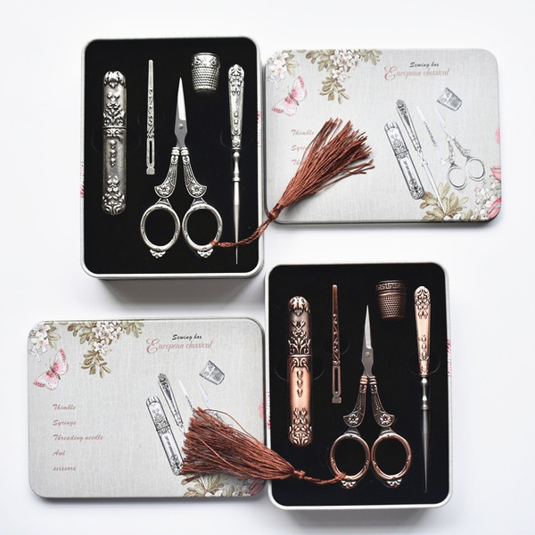 1 Set Retro Vintage Scissors Awl Threader Thimble Iron Box Cross Stitch ...