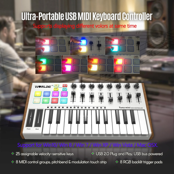 WORLDE MINI Ultra-Portable 25 Keys USB MIDI Keyboard Controller 8 RGB ...
