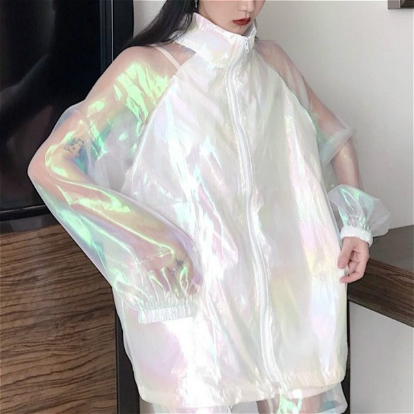 Ladies Girls Laser Jacket Harajuku Shiny Holographic Loose Coat ...