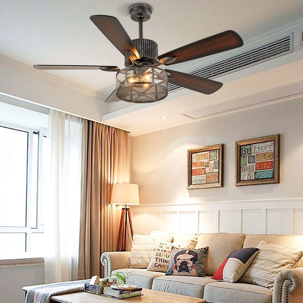 52" Retro Ceiling Fan w/Light 5 Wood Blades Chandelier Fan +Remote ...