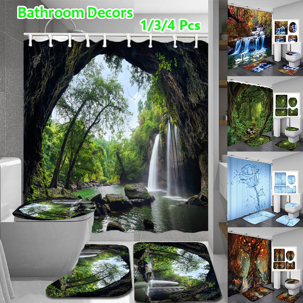 5 Style Bathroom Set 3d Waterfall Scenery Waterproof Shower Curtain